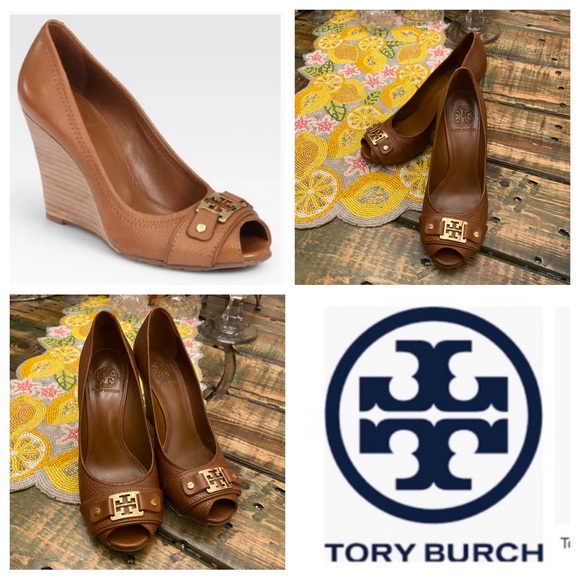 Tory Burch | Shoes | Tory Burch Ambrose Peep Toe Wedges In Royal Tan ...